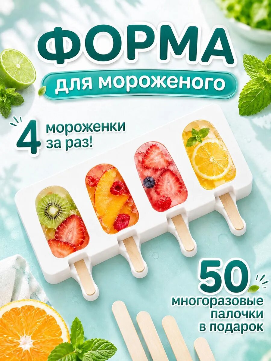 Форма для мороженого, белое, 4 ячеек, 25.8*14.5см, Бесплатные 50 деревянных палочек