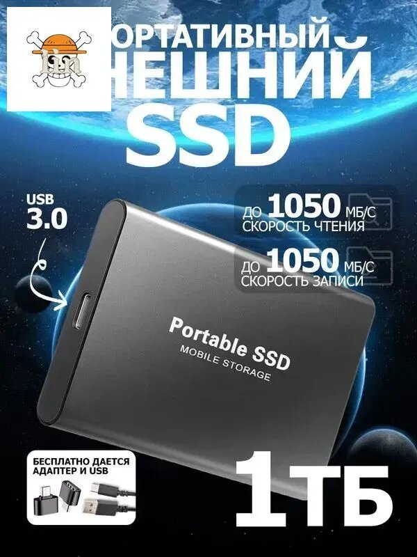 1 ТБ Внешний SSD-диск, USB 3.0, чтение - 1050 Мб/с, Металл, черный