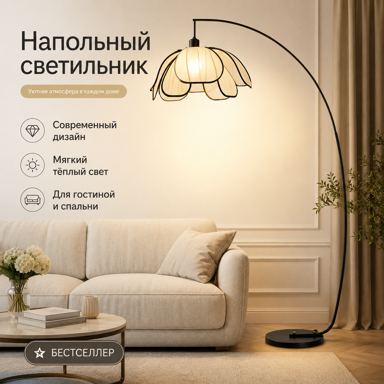 Арочная напольная лампа с плафоном в виде цветка, черный каркас, мягкий рассеянный свет для гостиной и спальни