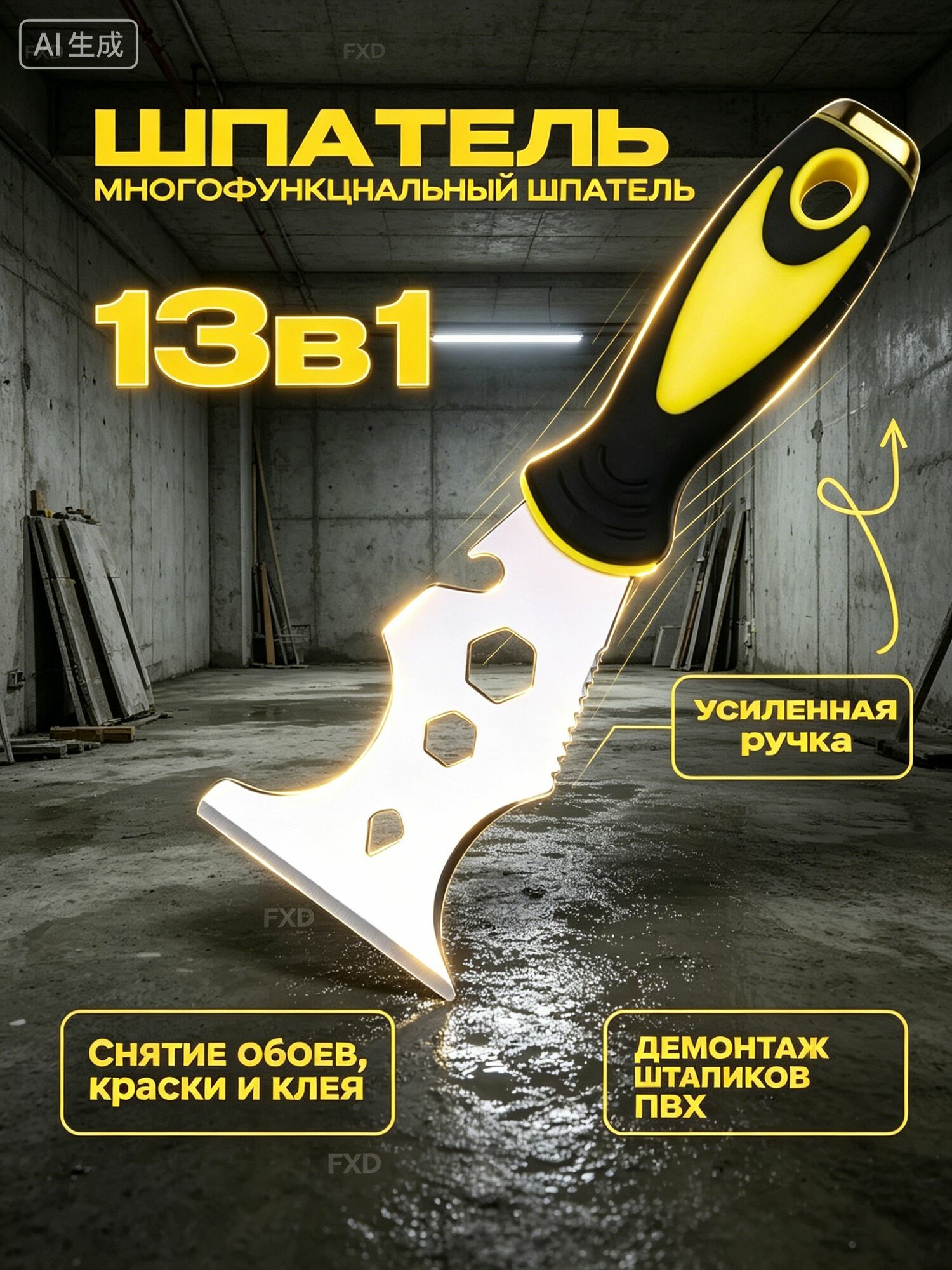 Многофункциональный строительный шпатель 13 в 1. Универсальный скребок для краски, инструмент для снятия обоев и клея.
