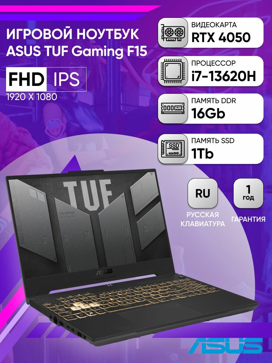ASUS TUF Gaming F15 FX507VU-LP290 FHD IPS Игровой ноутбук 15.6", Intel Core i7-13620H, RAM 16 ГБ, SSD 1024 ГБ, NVIDIA GeForce RTX 4050 для ноутбуков (6 Гб), Без системы, (90NR0CJ7-M00RZ0), серый металлик, Русская раскладка