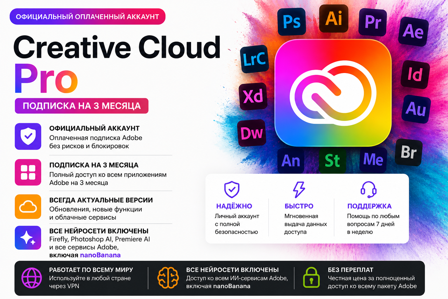 Adobe Creative Cloud Pro готовый оплаченный аккаунт с подпиской на 3 месяца, нейросети Nano Banana и другие, 4к кредитов