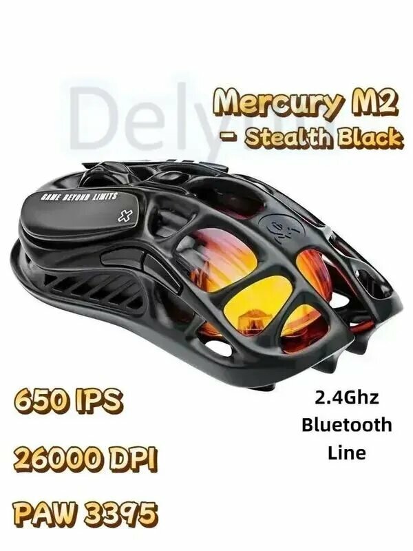 Игровая мышь беспроводная Mercury M2 - 26000 DPI, PAW3395, Bluetooth/Wi-Fi/Проводное Подключение, RGB Подсветка, черный, черный матовый