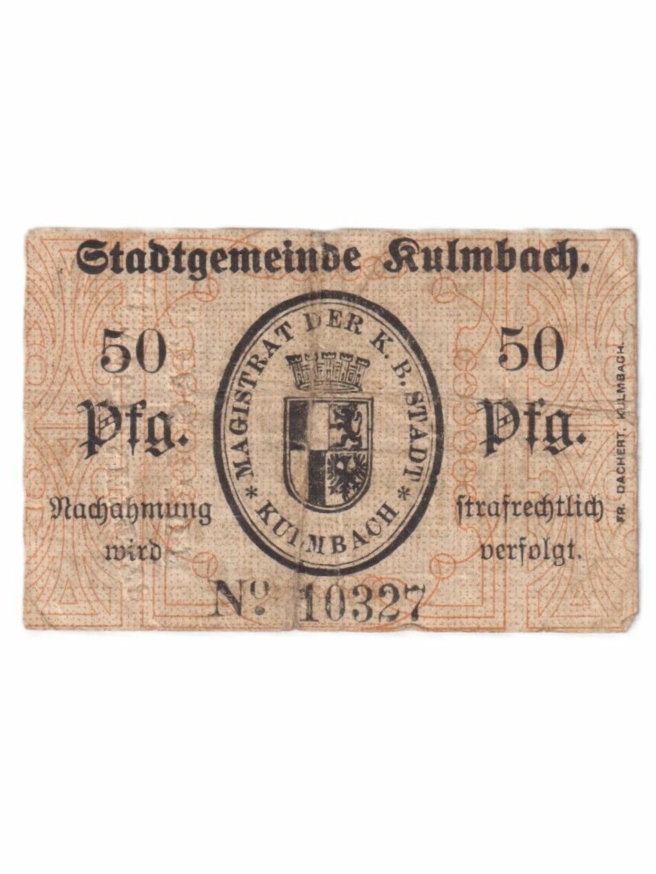 Подлинная банкнота (нотгельд) 50 пфеннигов 1918 года Германия. Город Кульмбах (Бавария)