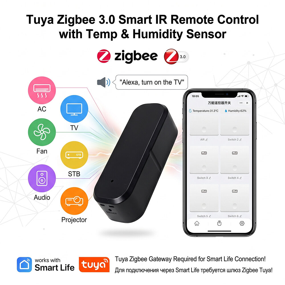 Умный пульт (IR) Zigbee Tuya с датчик температуры и влажности
