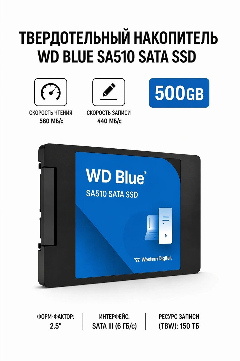 Жесткий диск SSD 2.5" 500Gb Western Digital WD Blue SA510, 555/440MBs, 78000 IOPS, 3D TLC, SATA-III