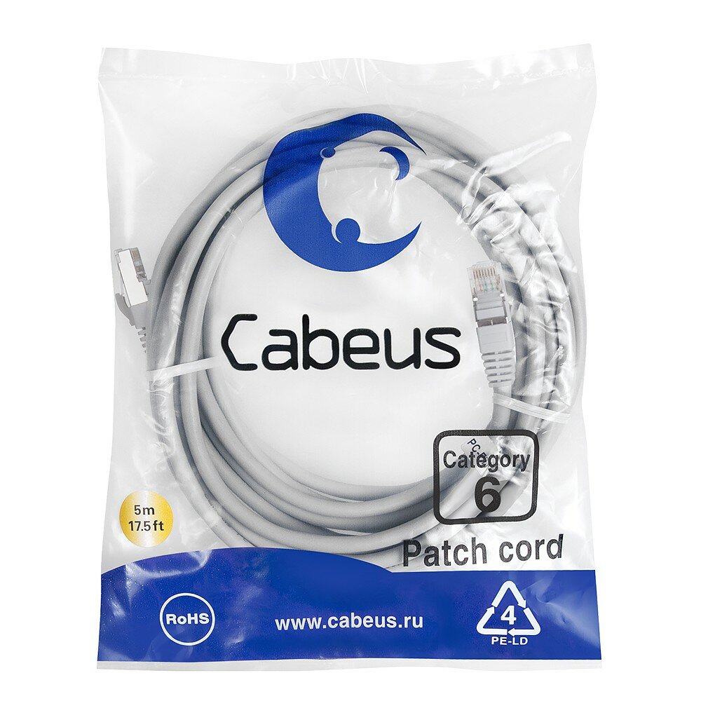 Патч-корд интернет кабель Cabeus PC-FTP-RJ45-CAT.6-5M-LSZH F/ UTP cat.6 5 м Серый