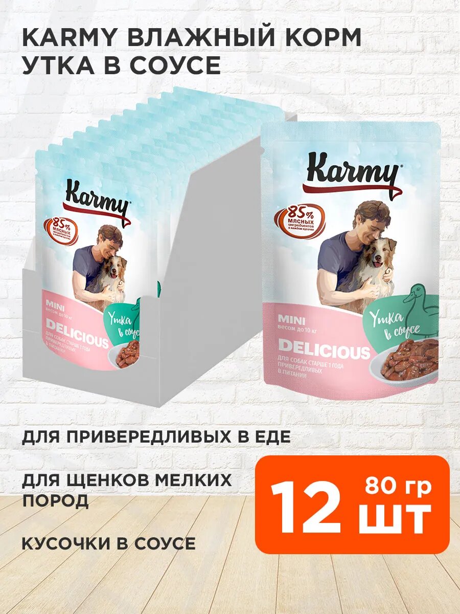 Корм влажный Karmy Delicious Mini для привередливых взрослых собак мелких пород, утка в соусе, 80 г х 12 шт