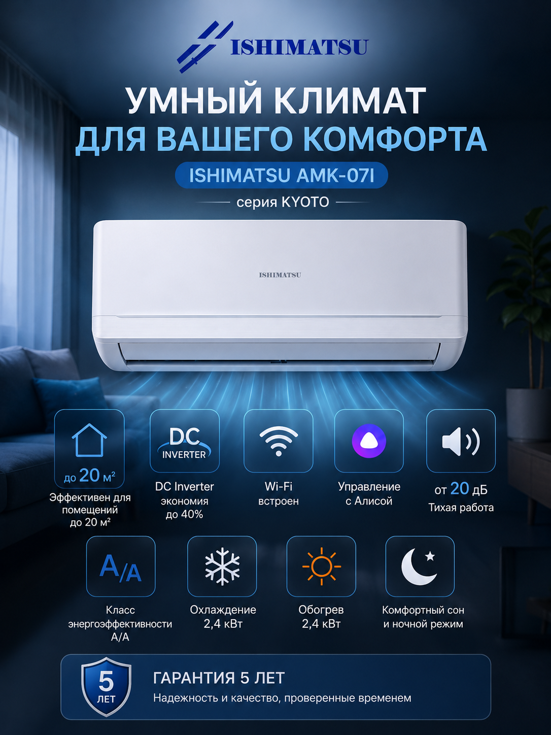 Кондиционер сплит-система инверторная Ishimatsu AMK-07I KYOTO, Wi-Fi, Яндекс Алиса, охлаждение и обогрев