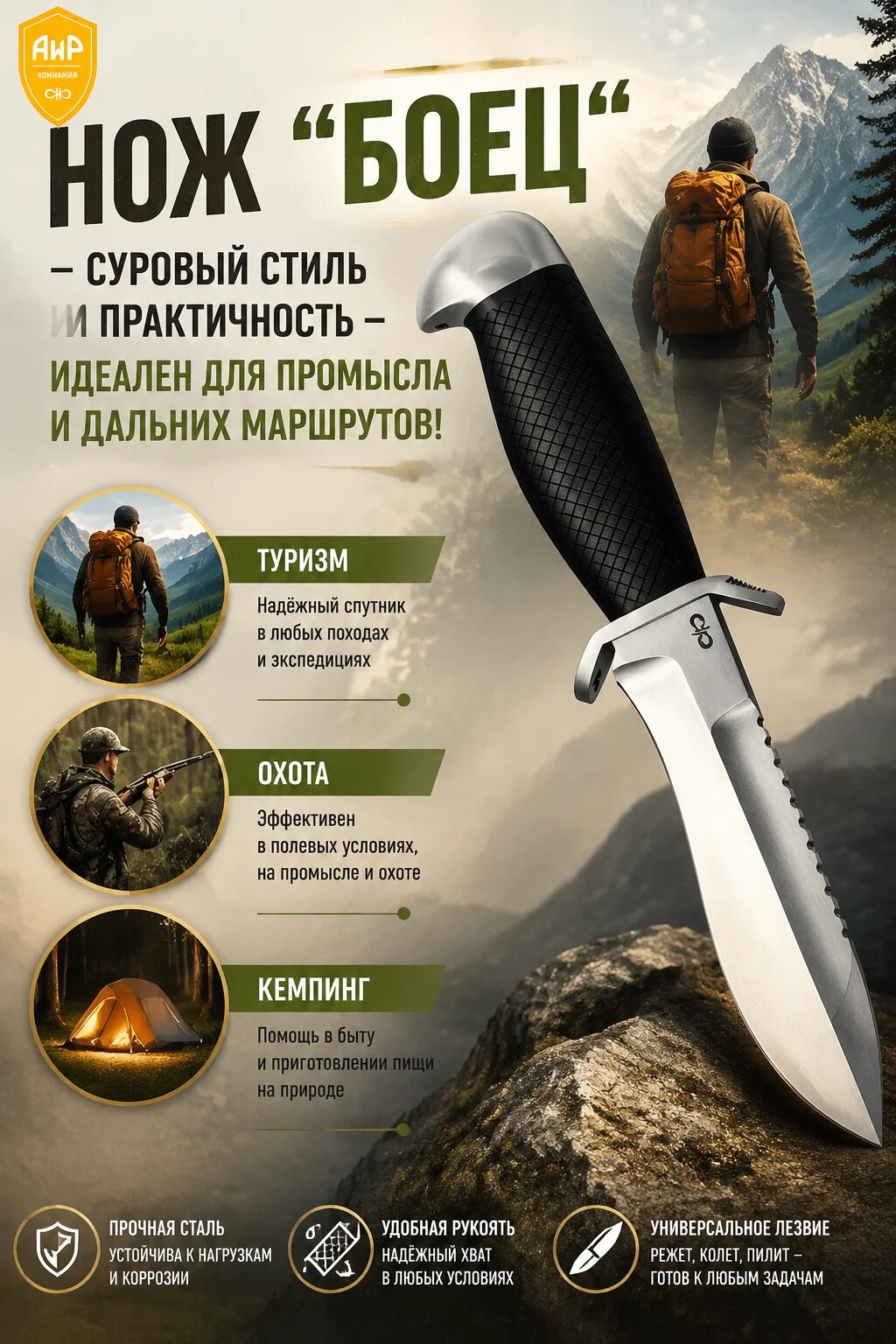 Туристический нож АиР "Боец", нержавеющая сталь, грабовая рукоять, ножны из кожи