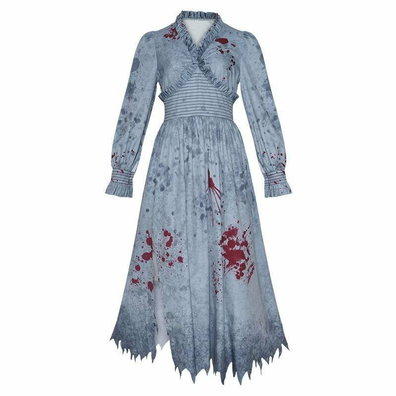 Bloodstained zombie costume long dress with vintage style for cosplay and stage acting, blue-s