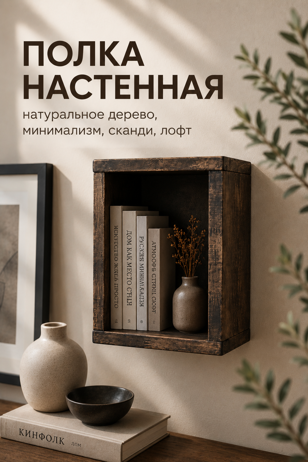 Полка настенная Belochka из натурального дерева 30×23×15 см, интерьерная, открытая, для книг и декора