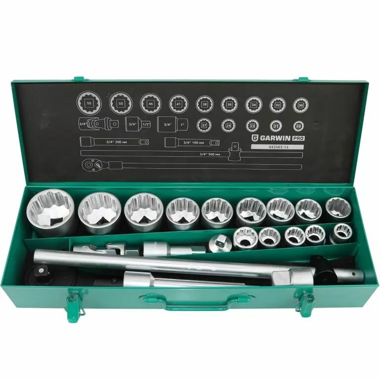 Набор торцевых головок 3/4" 12 гр, 19-55 мм, 21 пр. GARWIN PRO 643565-12