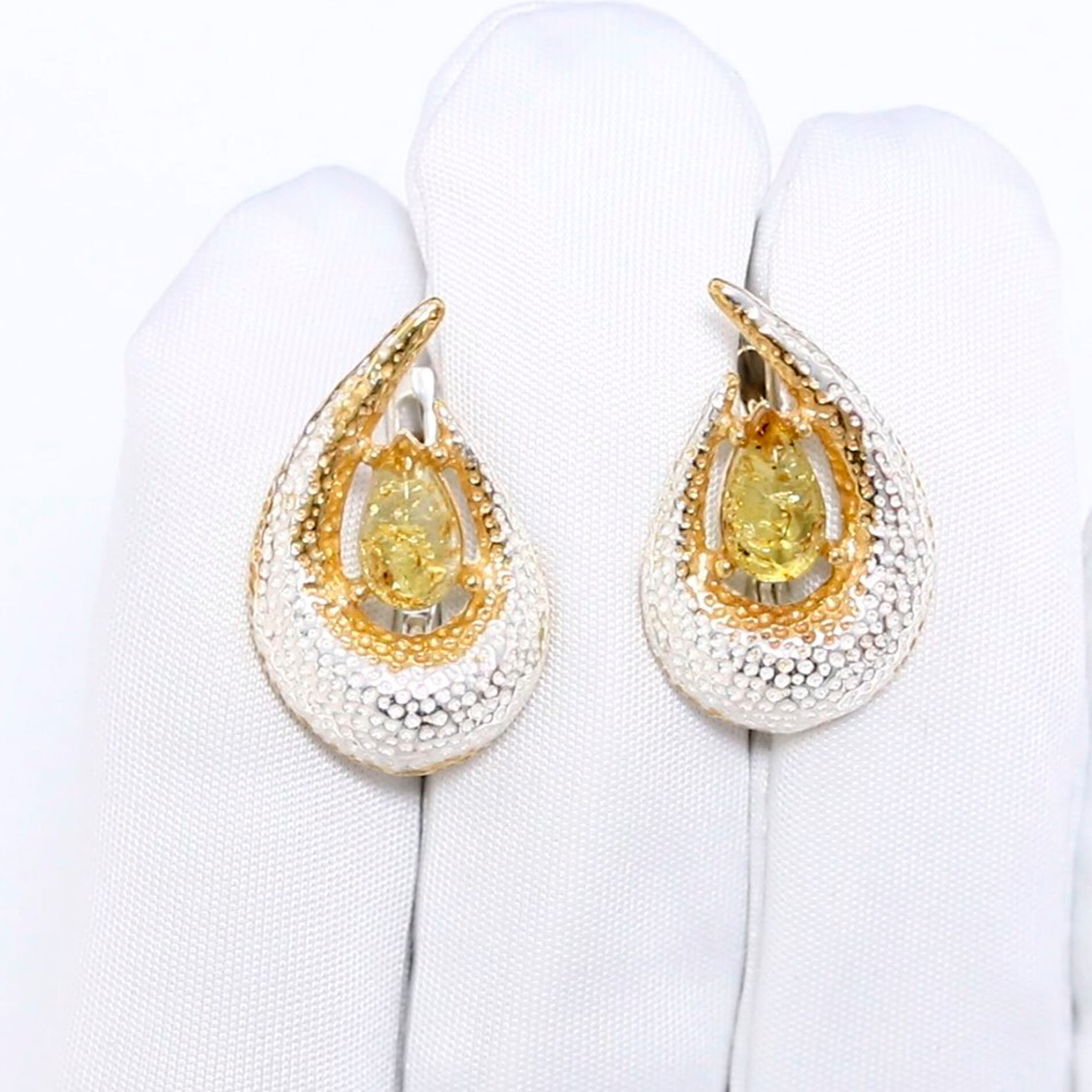 Серьги, серебро, 925 проба, золочение, янтарь