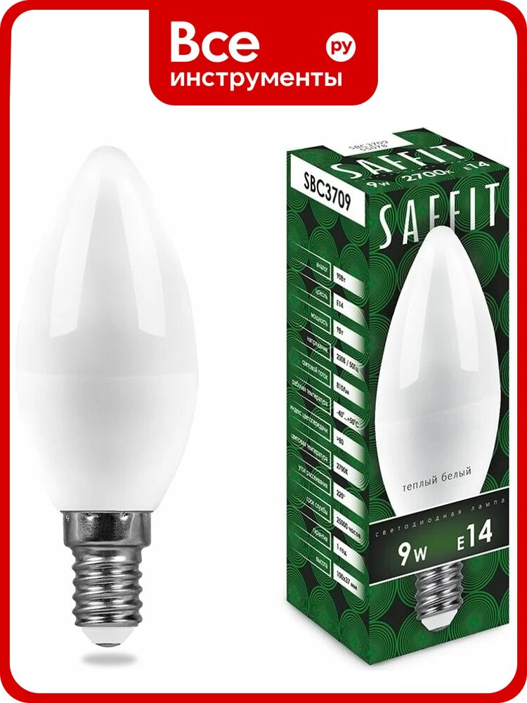 Светодиодная лампа SAFFIT 9W 230V E14 2700K, SBC3709 55078, энергосберегающая A‑класс, тёплый белый свет, форма свеча