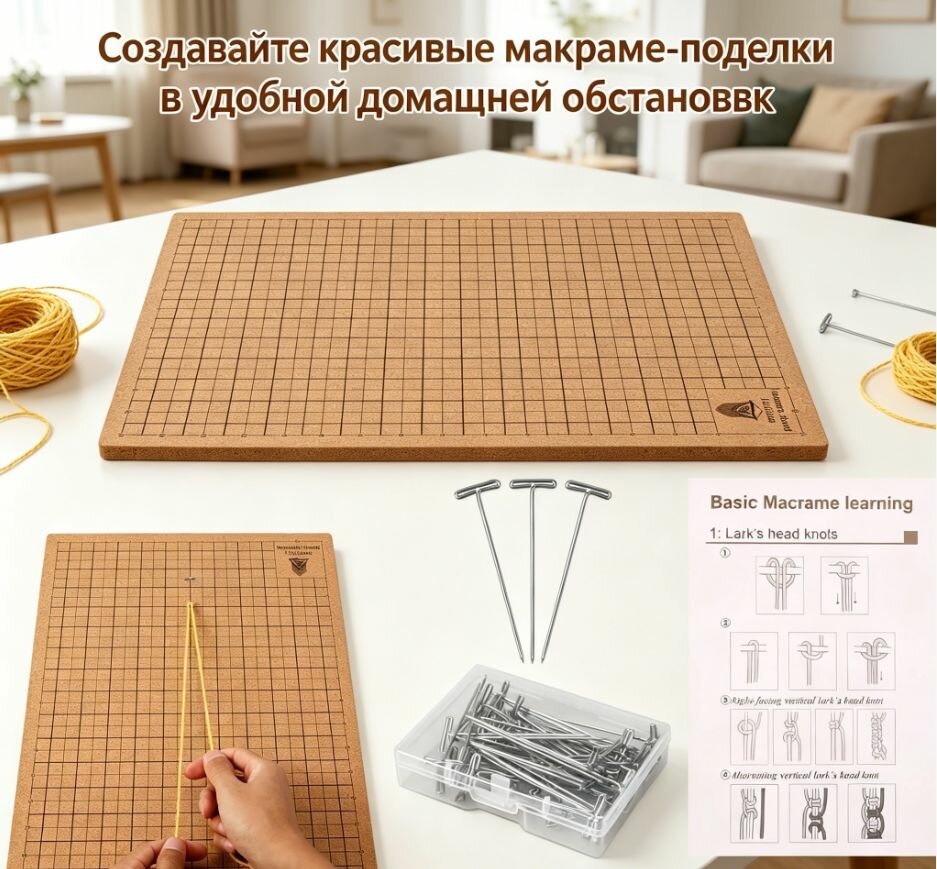 Универсальный набор для макраме: пробковая доска с сеткой, иглы, хранилище и инструкция, для рукоделия и подарков для творчества для начинающих с аксессуарами