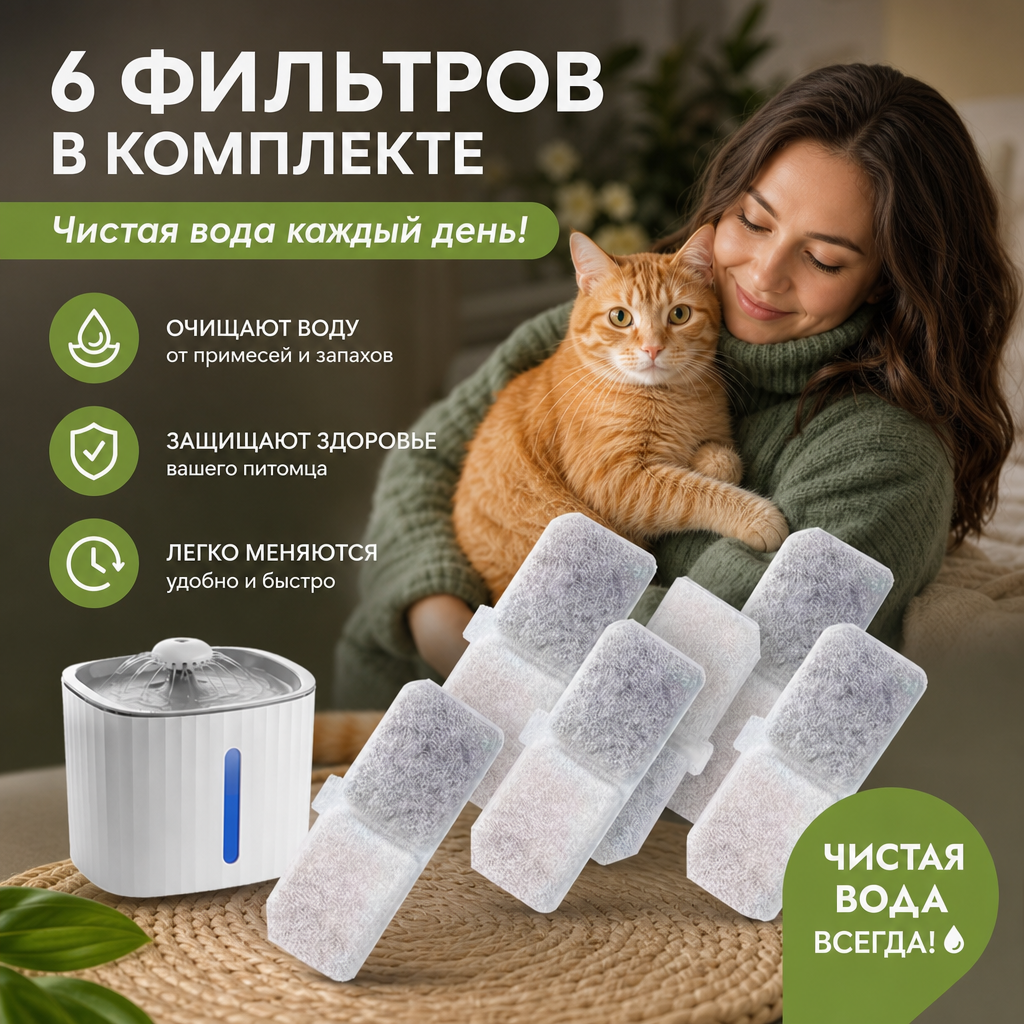 Автоматическая поилка-фонтан для питомцев, белый, фильтр с активированным углем