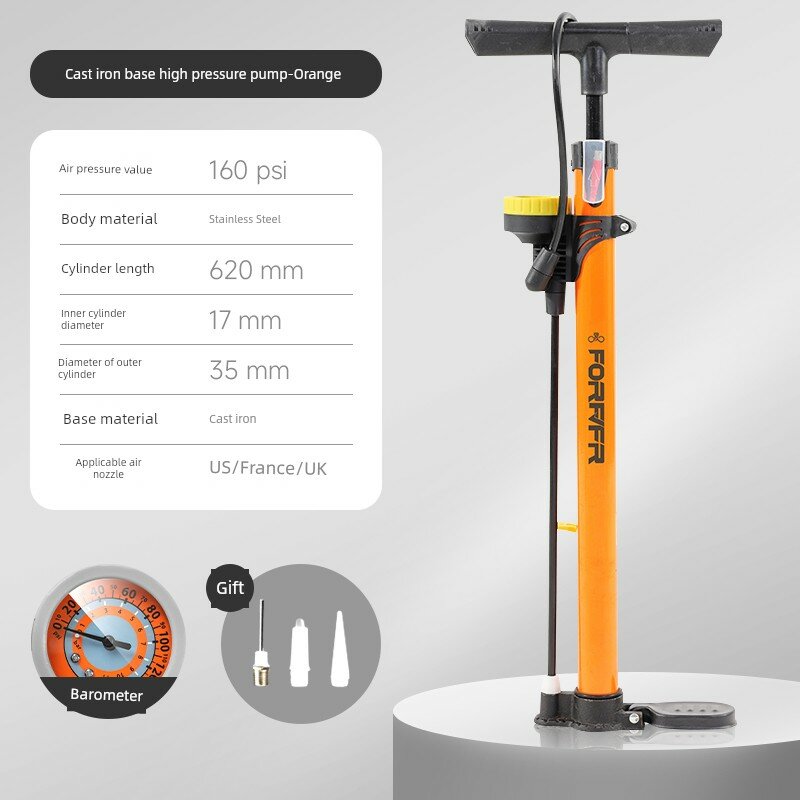 Улучшенный велосипедный насос с чугунной подставкой 160PSI, оранжевый цвет, подходит для велосипедов и автомобилей