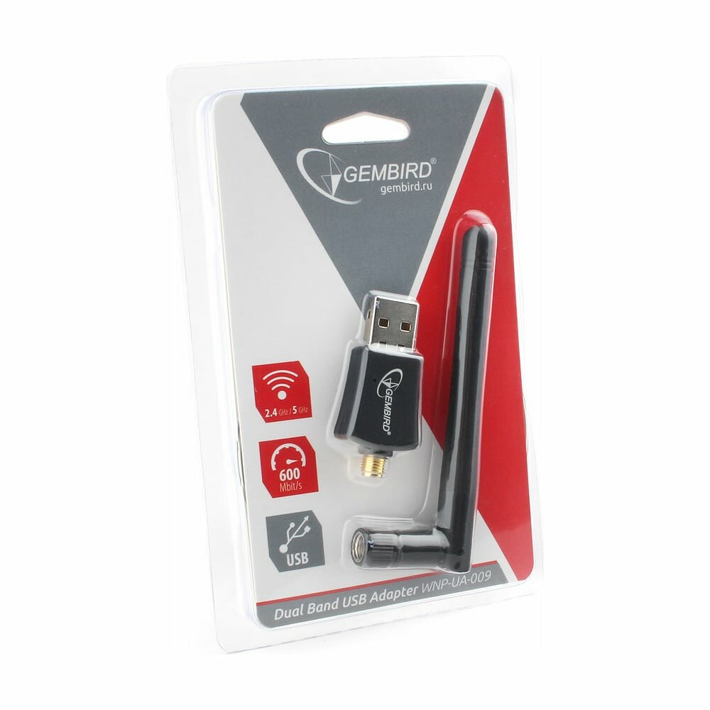 Сетевой двухдиапазонный Wi-Fi USB-адаптер Gembird 600 Мбит, USB, 802.11b/g/n/ac/а WNP-UA-009 — фото 1