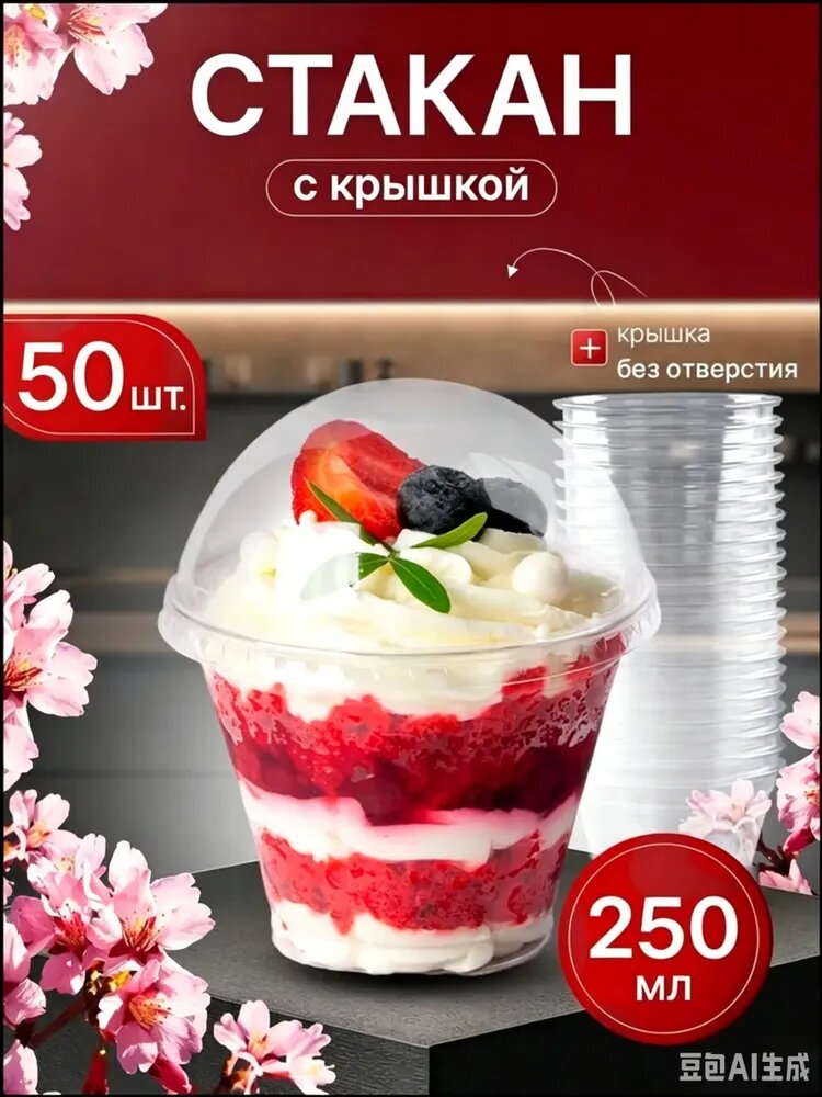 Одноразовые пластиковые стаканы, креманки 50 шт, 250 мл, с купольной крышкой без отверстия для десертов и трайфлов,