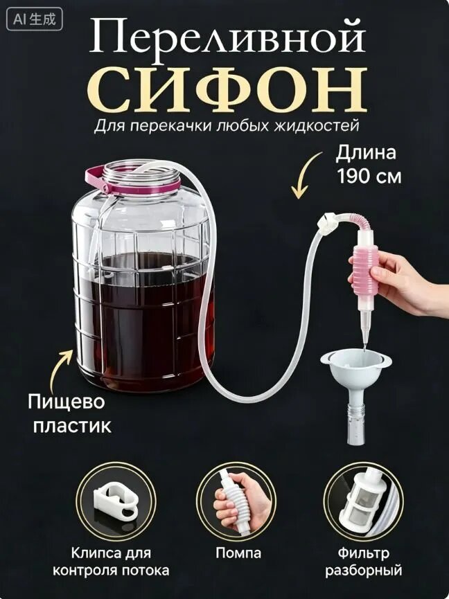 Сифон переливной с фильтром и помпой для перекачки браги, вина и других жидкостей