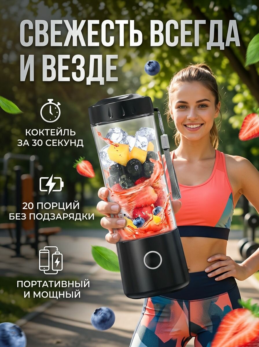 Блендер Портативный блендер мини USB, черный, для смузи и коктейлей, с зарядкой от power bank, мощный, бесшумный, для дома и путешествий, черный