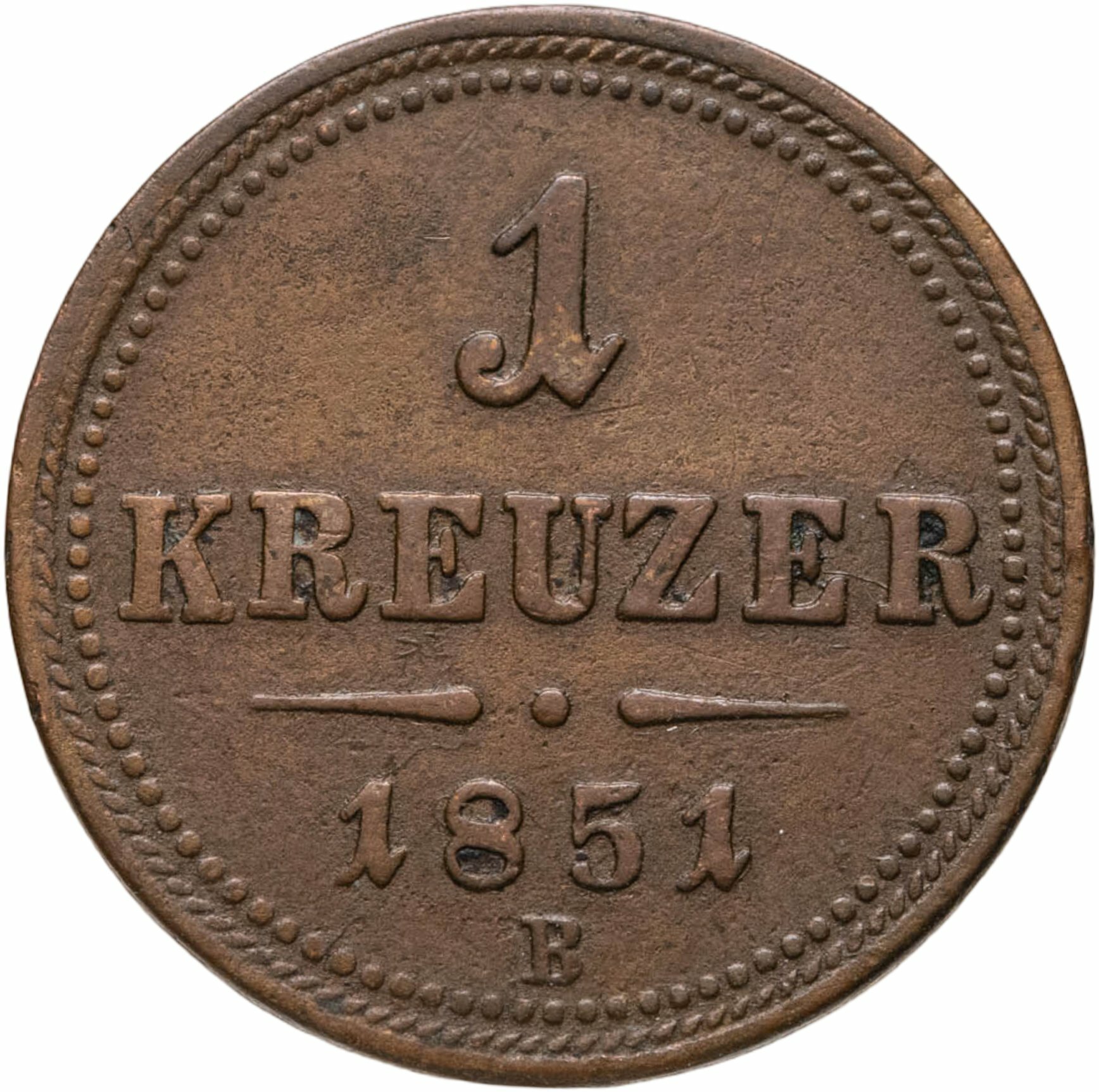 Австрия 1 крейцер kreuzer 1851, знак монетного двора "B" - Кремница, Медь, в сохранности VF