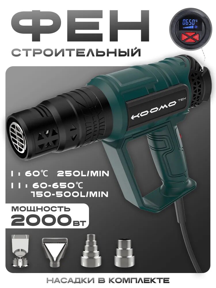 Строительный фен Промышленный 60-650 градусов, 4 насадки, фен 2000 Фен строительный бесступенчатая регулировка температуры, С дисплеем