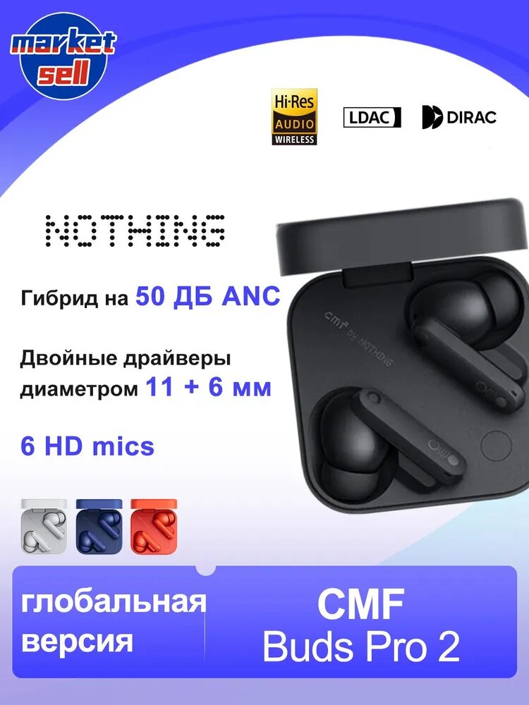 Nothing Наушники беспроводные с микрофоном CMF Buds Pro 2, Bluetooth, USB Type-C, темно-серый, черно-серый