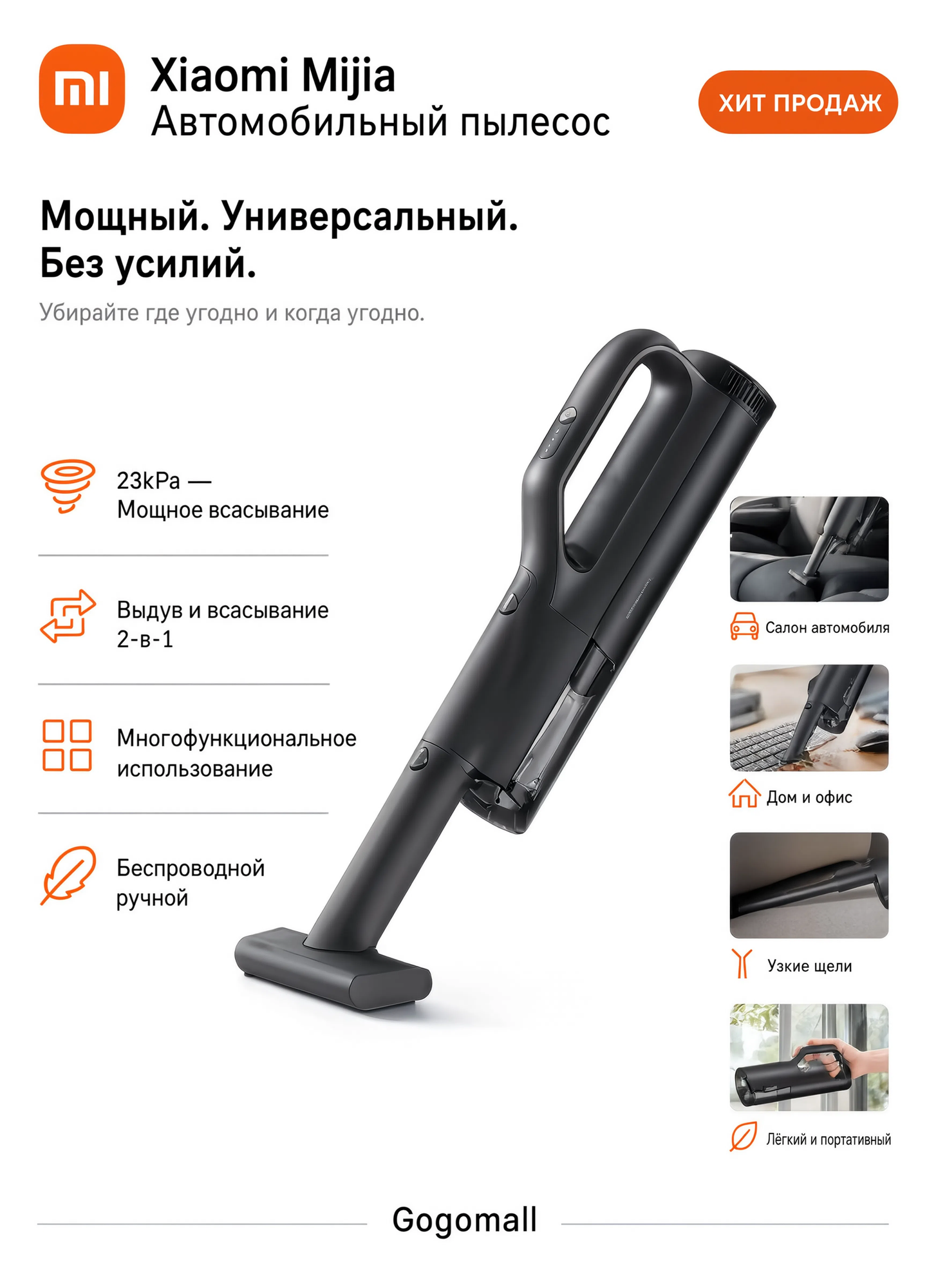 Портативный пылесос Xiaomi Mijia Car Vacuum Cleaner MJXCQ01QW, черный, версия CN
