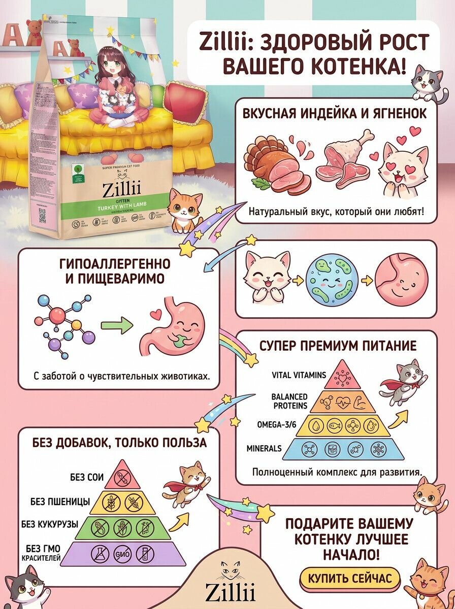 Корм для котят сухой 2 кг гипоаллергенный ZILLII (Зилли) Kitten Индейка с Ягнёнком