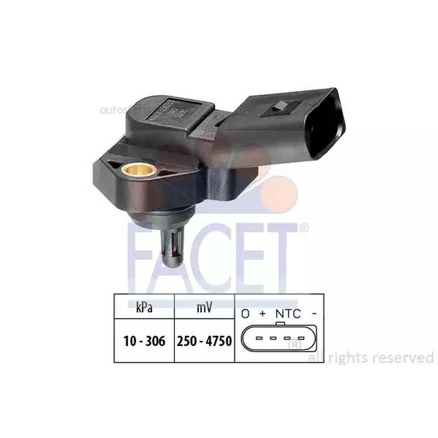 FACET 103073 Датчик давления воздуха SEAT: LEON (1M1) 1.9 TDI/1.9 TDI Syncro 99-, TOLEDO II (1M2) 1.9 TDI 99-06, TOLEDO Mk II (1M2) 1.9 TDI 99-06 \ VW: BORA (1J2) 1.9 TDI/1.9 TDI 4mo