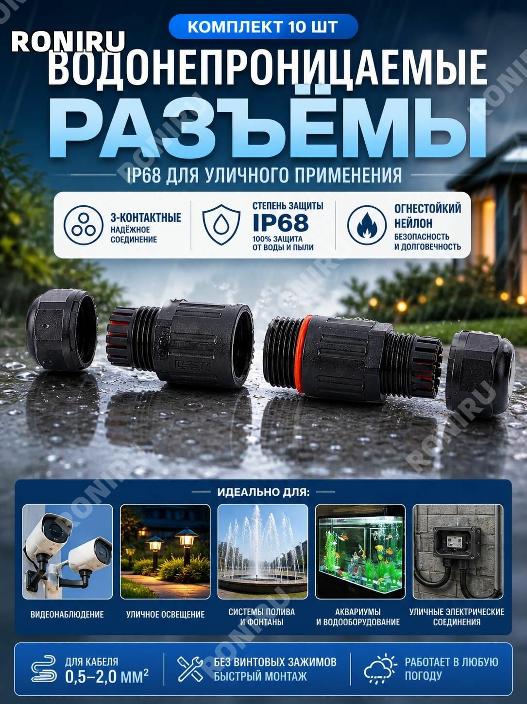 10 шт водонепроницаемые разъёмы IP68 для улицы, 3-контактные электрические кабельные соединители, комплект наружных розеток 0,5-2,0 мм , без винтов, огнестойкий нейлон безвинтовые соединители огнестойкие разъемы