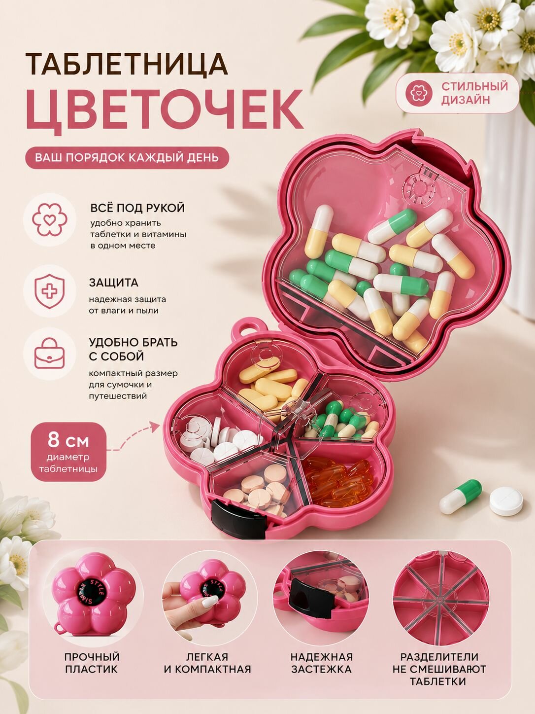 Таблетница на день или неделю Цветок Ромашка