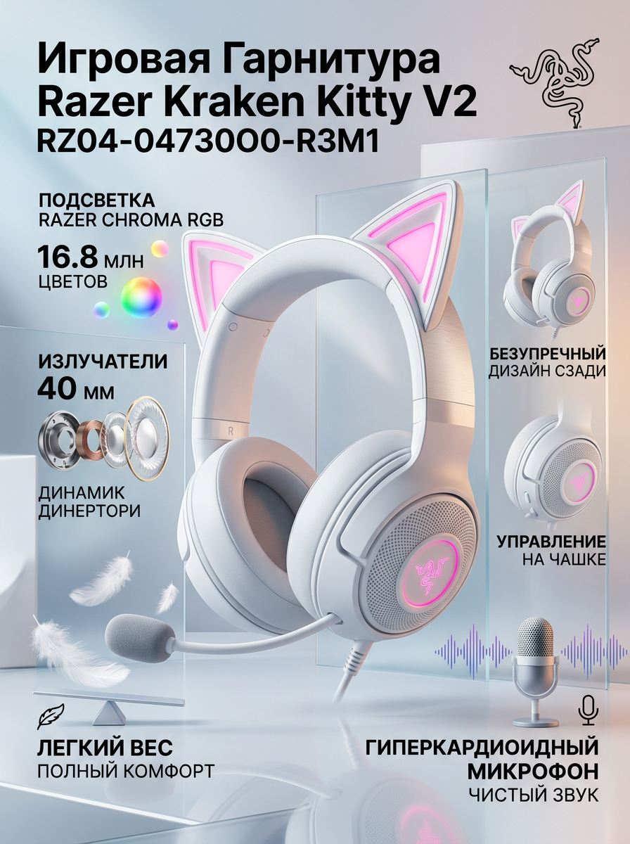 Гарнитура Razer Kraken Kitty V2 White, 40 мм динамики, микрофон Razer HyperClear, подсветка Razer Chroma RGB, USB Type‑A, 2 м RZ04-04730600-R3M1