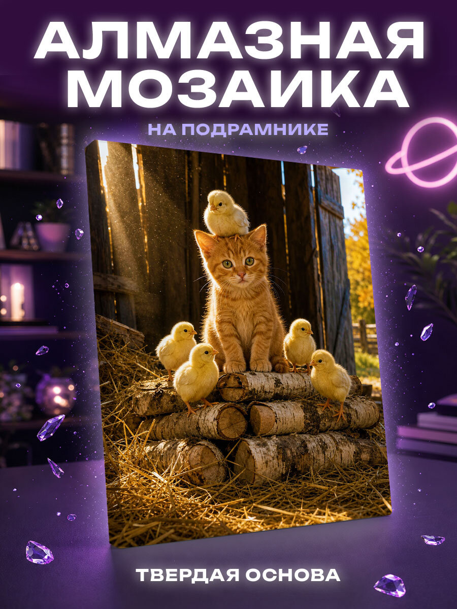 Алмазная мозаика Котёнок и осенние цыплята