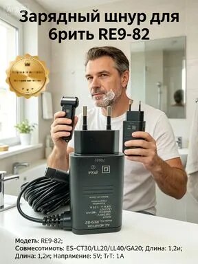 Зарядный шнур RE9-82: точная совместимость с бритвами ES-CT30/LL20/LL40/GA20, стабильная и безопасная зарядка