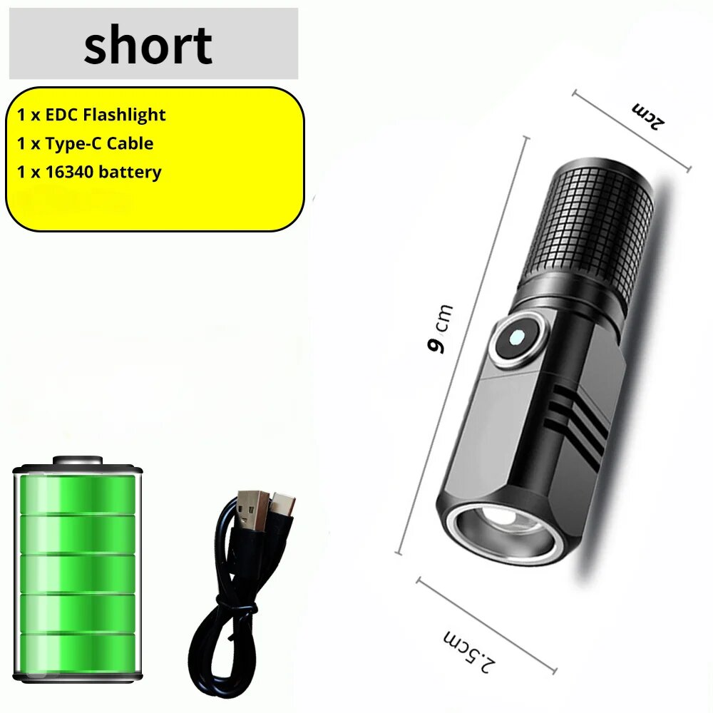 Фонарик EDC 16340 USB Type-C, short style