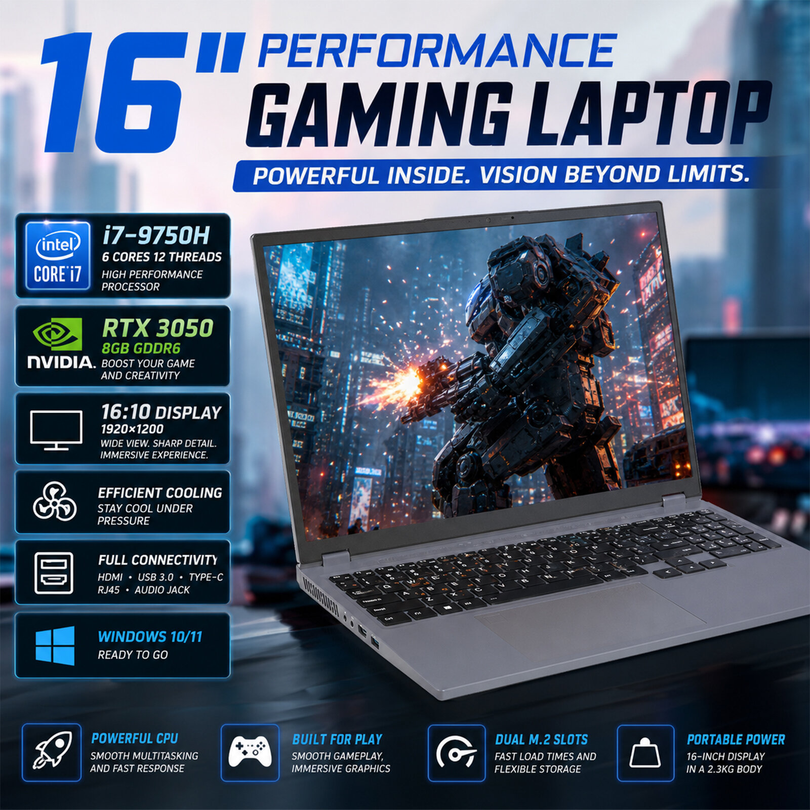 Игровой ноутбук 16" серый алюминий, Intel i7-9750H, GTX3050, 1080p 16:10, Wi-Fi, HDMI, USB, Win11