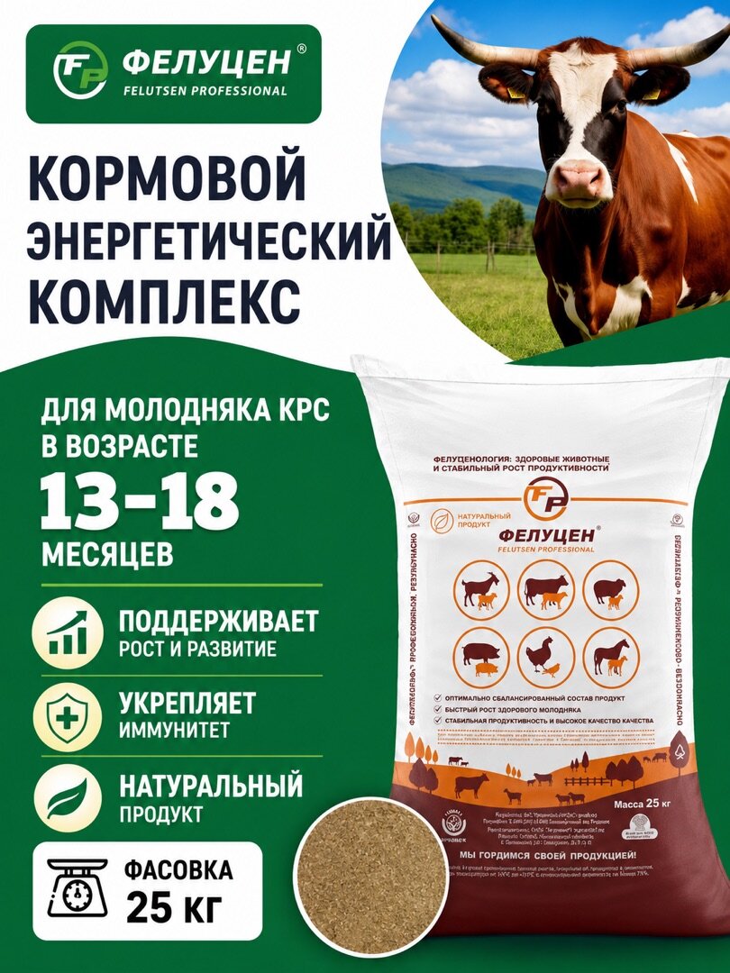 Увмкк Фелуцен К2-6 для молодняка крупного рогатого скота в 13-18 мес. Энергетический, порошок, 25кг