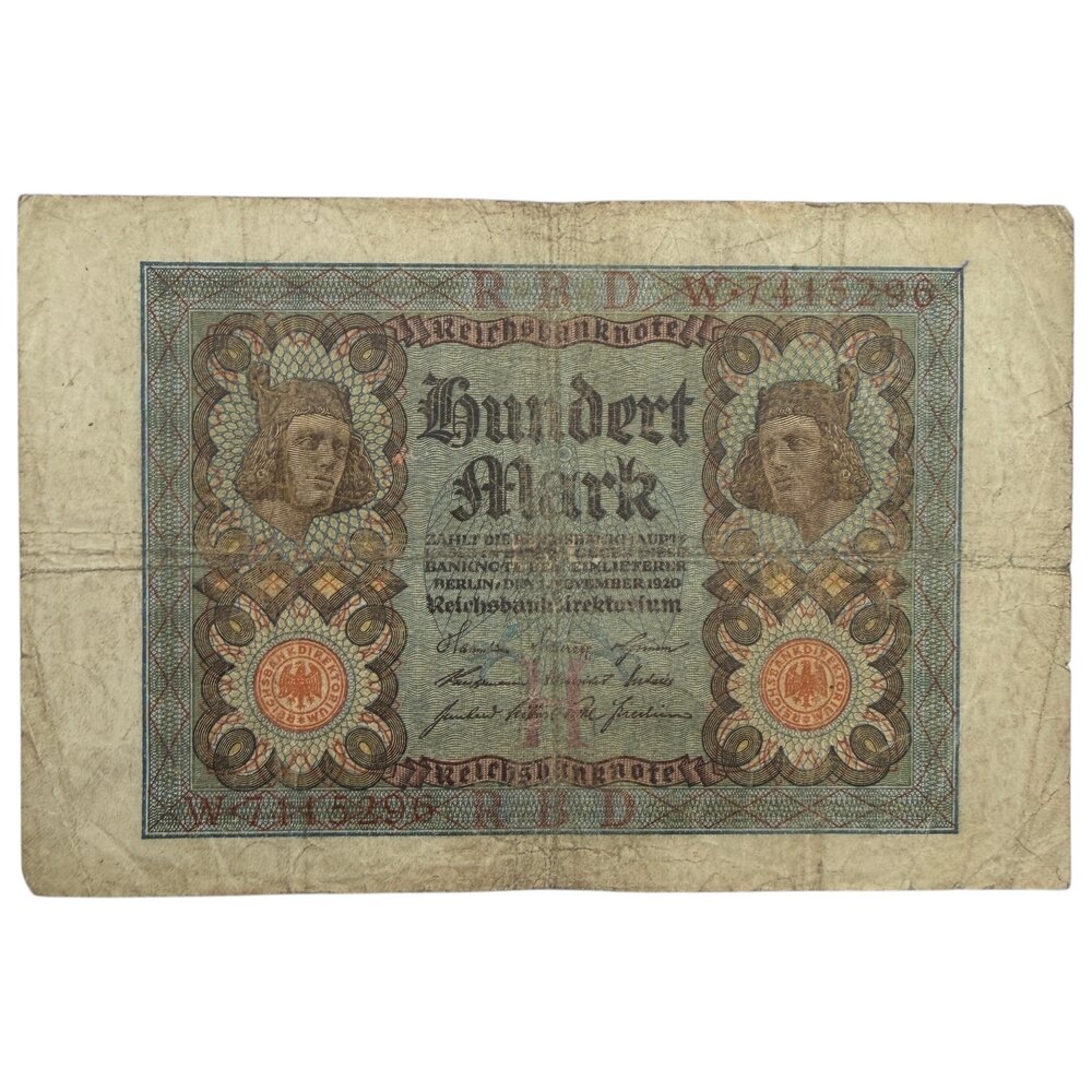 Веймарская республика (Германия) 100 марок 1920 г. (Литера H) (Серия W) (7-значный номер)