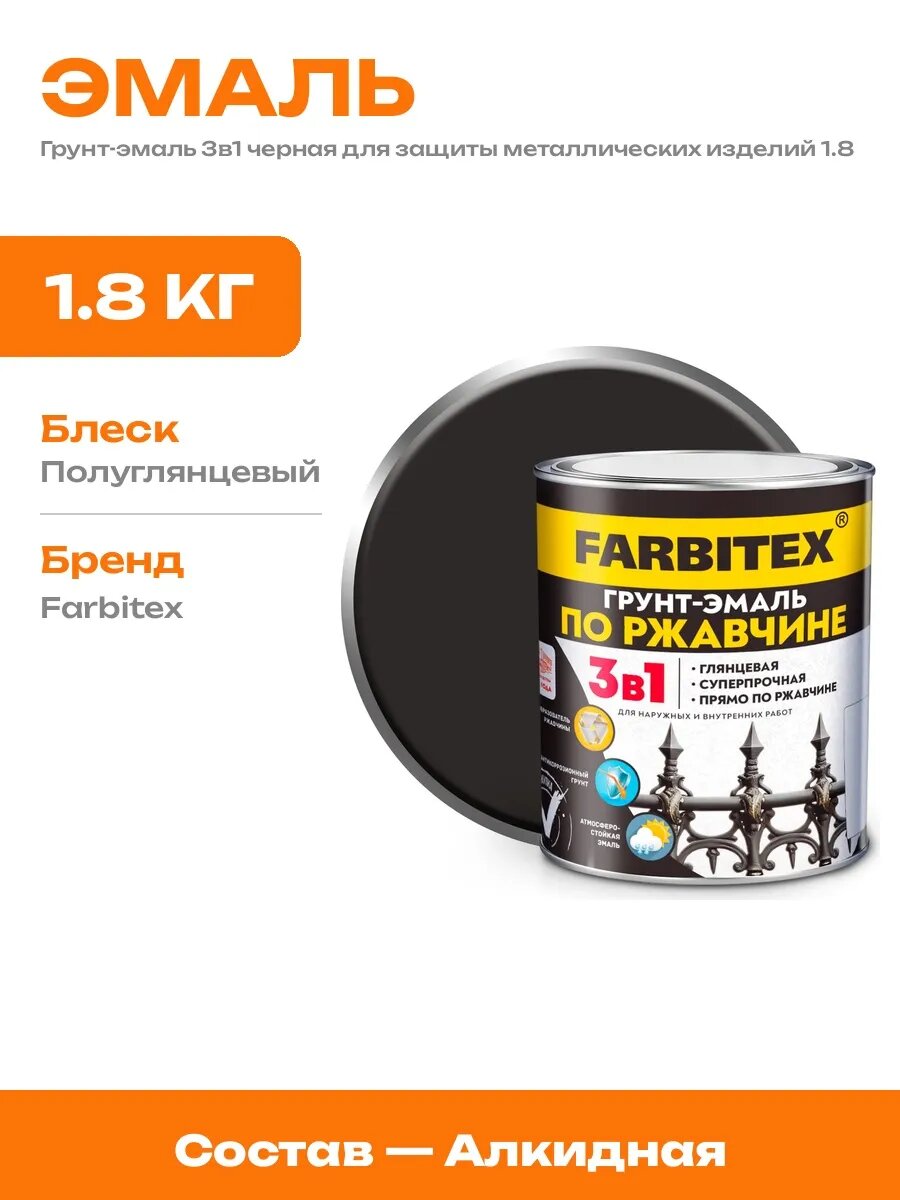 Черная краска по ржавчине 3в1 алкидная для всех металлов 1.8