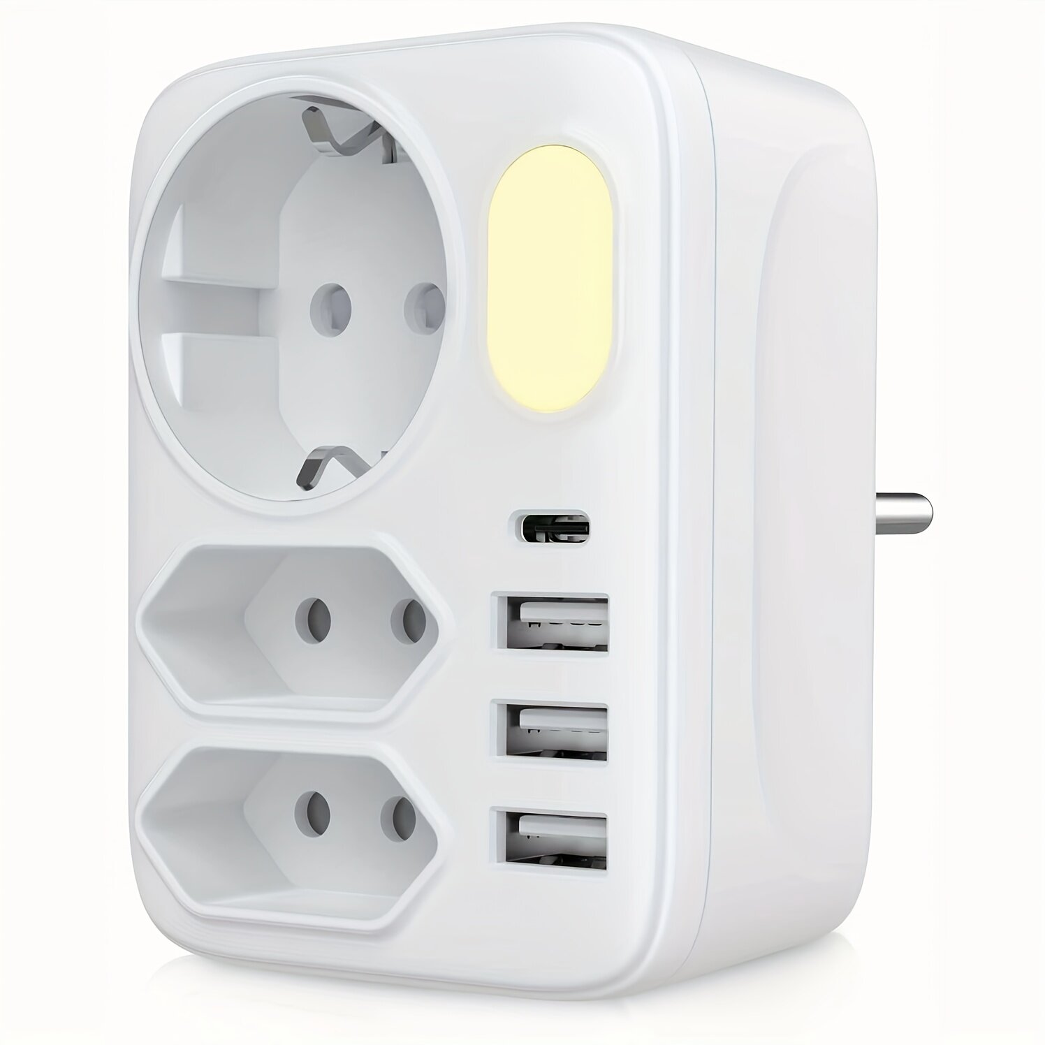 Двойная розетка с адаптером питания на 2 USB порта, оснащенная ночником с выключателем, с выходами 3 USB-A и 1 USB-C, для дома и офиса, белый