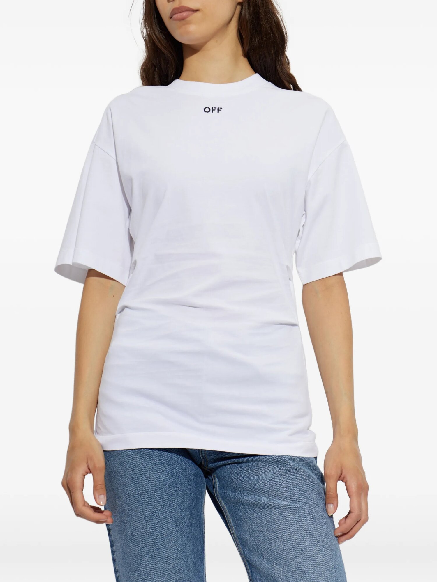 Футболка Off-White Off Stamp logo-print pleated T-shirt, размер 34, бежевый/белый — фото 1