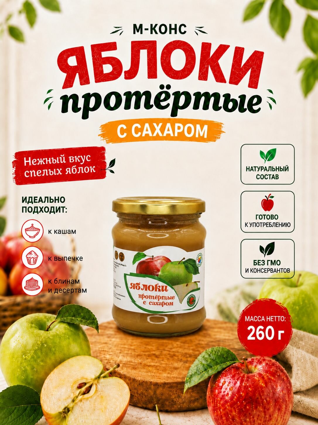 Яблоки Мичуринские протертые с сахаром, 260 г