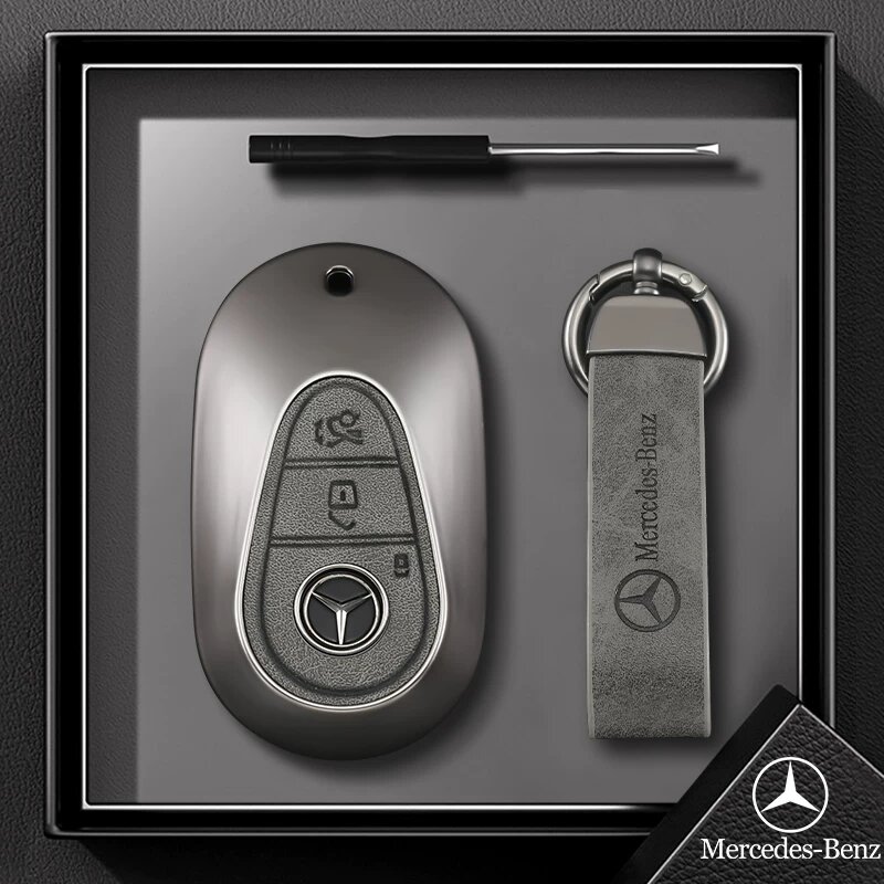 Водяная капля C-стиль чехол для брелока Mercedes C260L в цвете Time Grey с кожаным шнуром и 8-пряжкой
