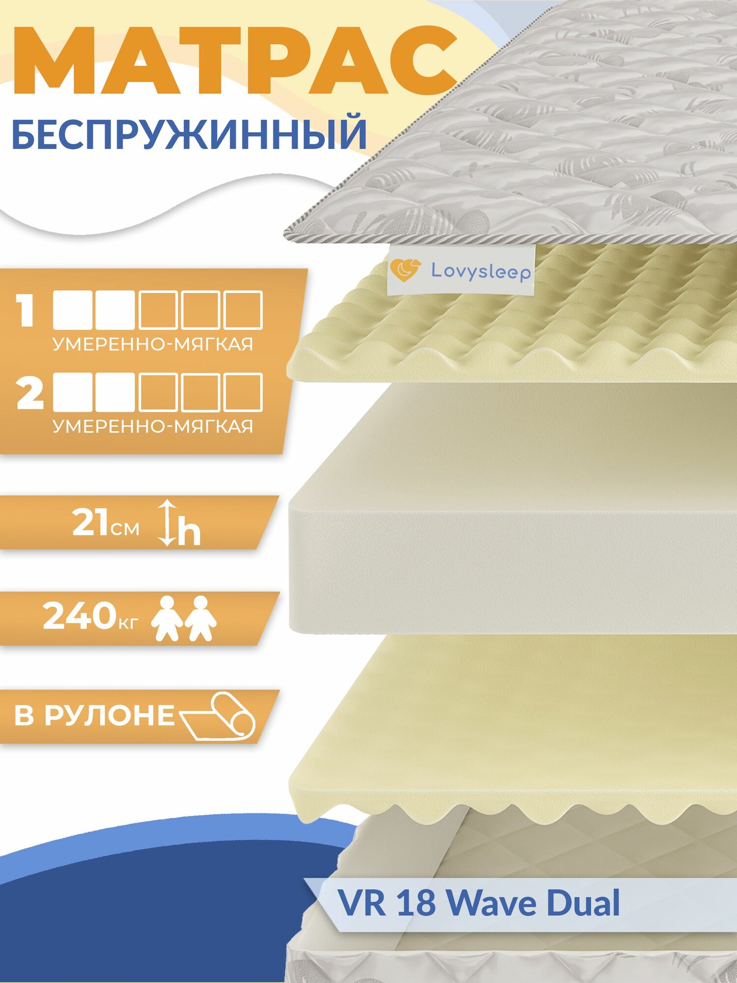 Матрас VR 18 Wave Dual 85х180 см, беспружинный, 21 см, односпальный, двусторонний, умеренно-мягкий, в рулоне