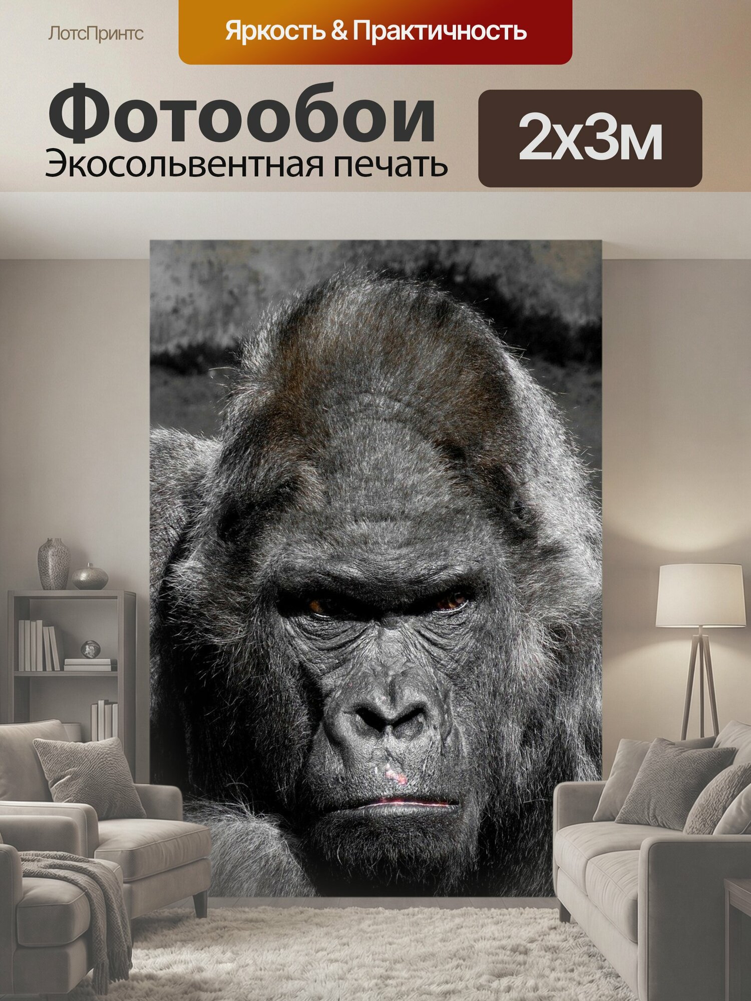 Фотообои "Горилла, обезьяна, зоопарк" 200x300 см. экосольвентная печать