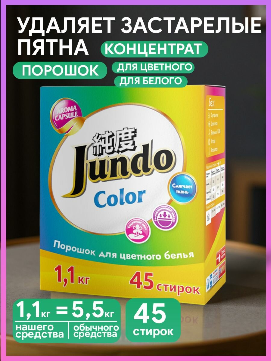 Стиральный порошок для цветного белья Jundo Премиум 2в1, 1100 г, автомат, концентрированный, для всех типов ткани с ароматом маракуйи стиральный концентрат для стиральной машины универсальное средство