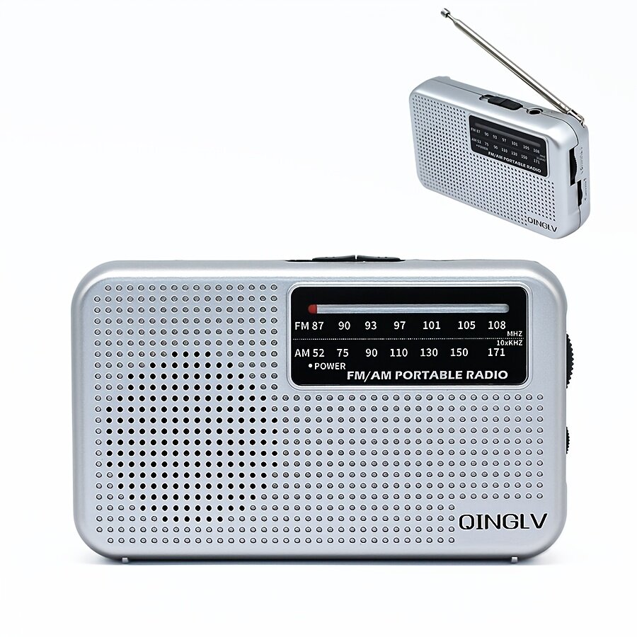 Портативное AM/FM радио серебристое, на 2 батарейках AA, с четким звуком, хорошим приемом, встроенным динамиком и разъемом для наушников, легкое, для кемпинга, походов, использования в помещении и на улице